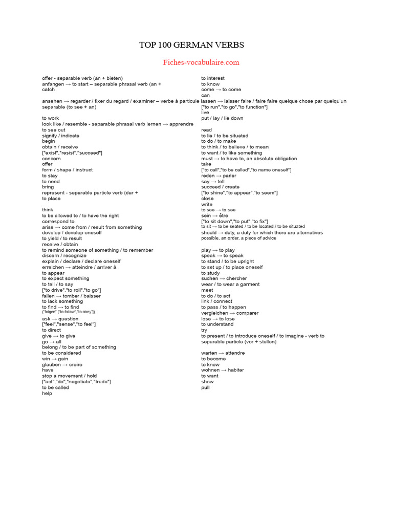 Top 100 German Verbs | PDF | Grammar | Linguistics