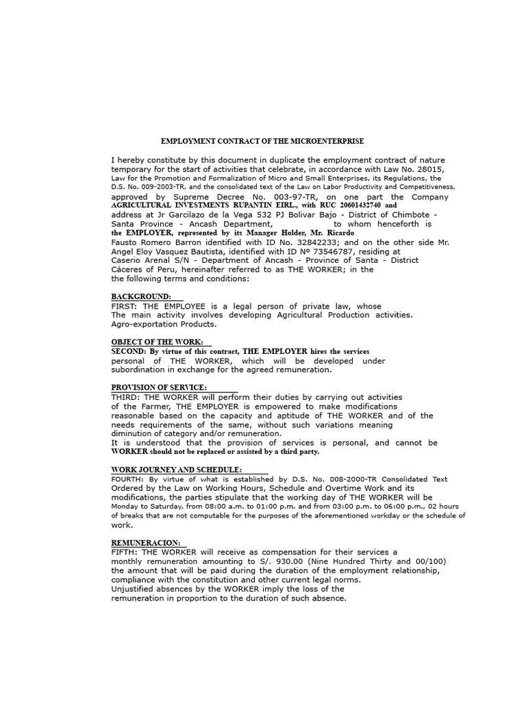 Employment Contract of The Microenterprise Red Andina | PDF ...
