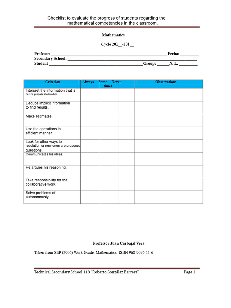 Checklist For Mathematical Competencies PDF | PDF