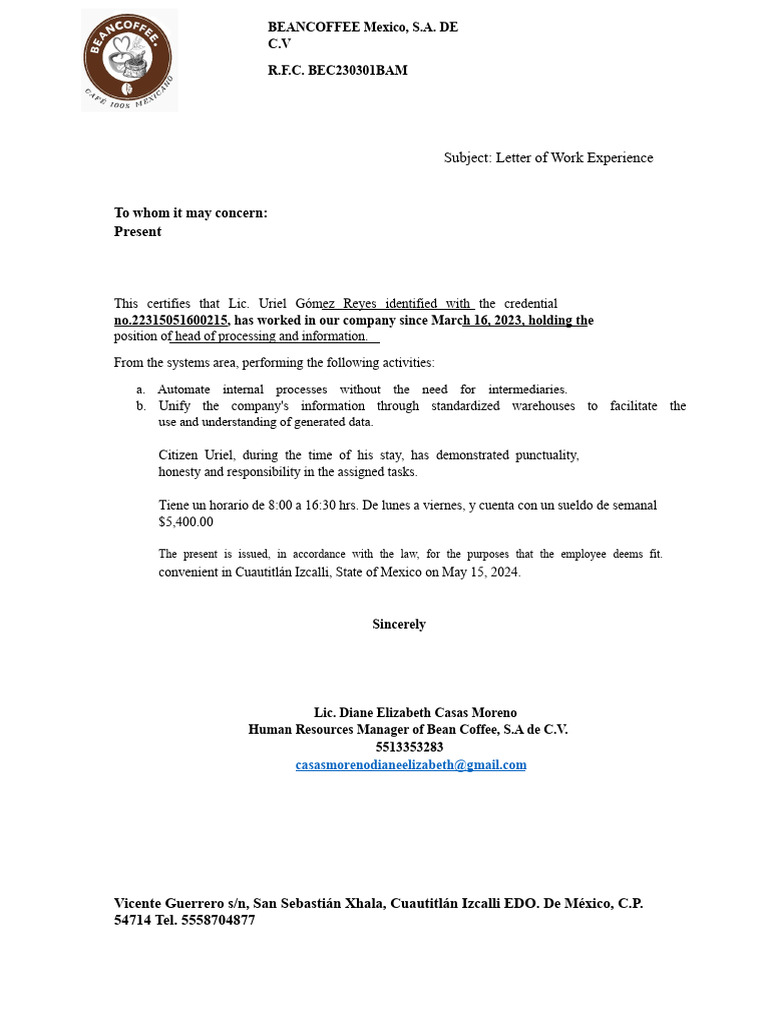 Letter of Work Experience | PDF