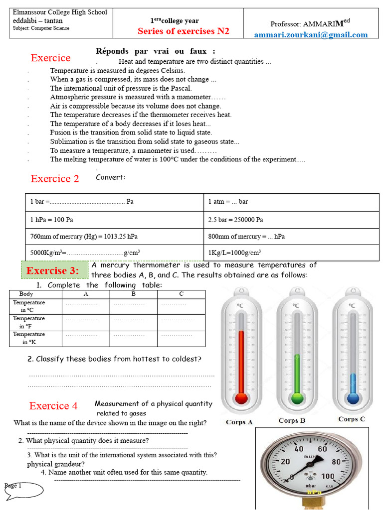 Pressure and Atmospheric Pressure Series of Uncorrected Exercises 5 ...