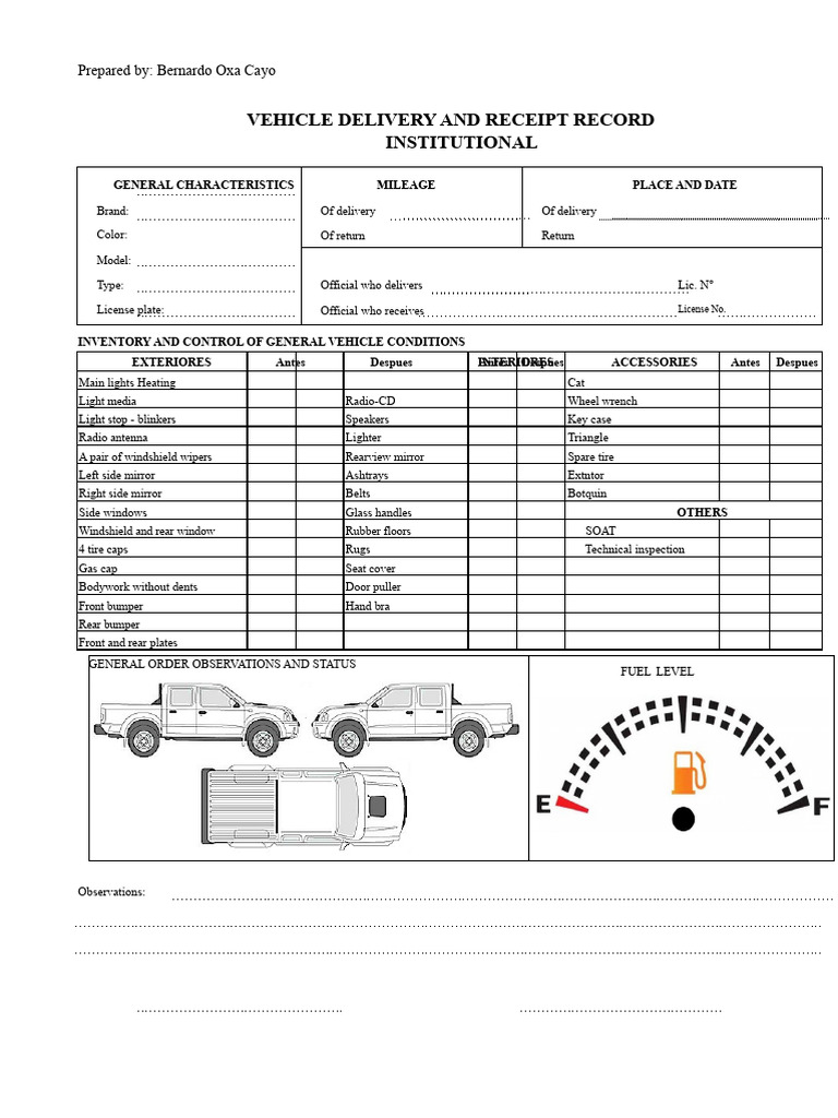 Receipt and Delivery Form For Vehicle | PDF | Rear Wheel Drive Vehicles ...