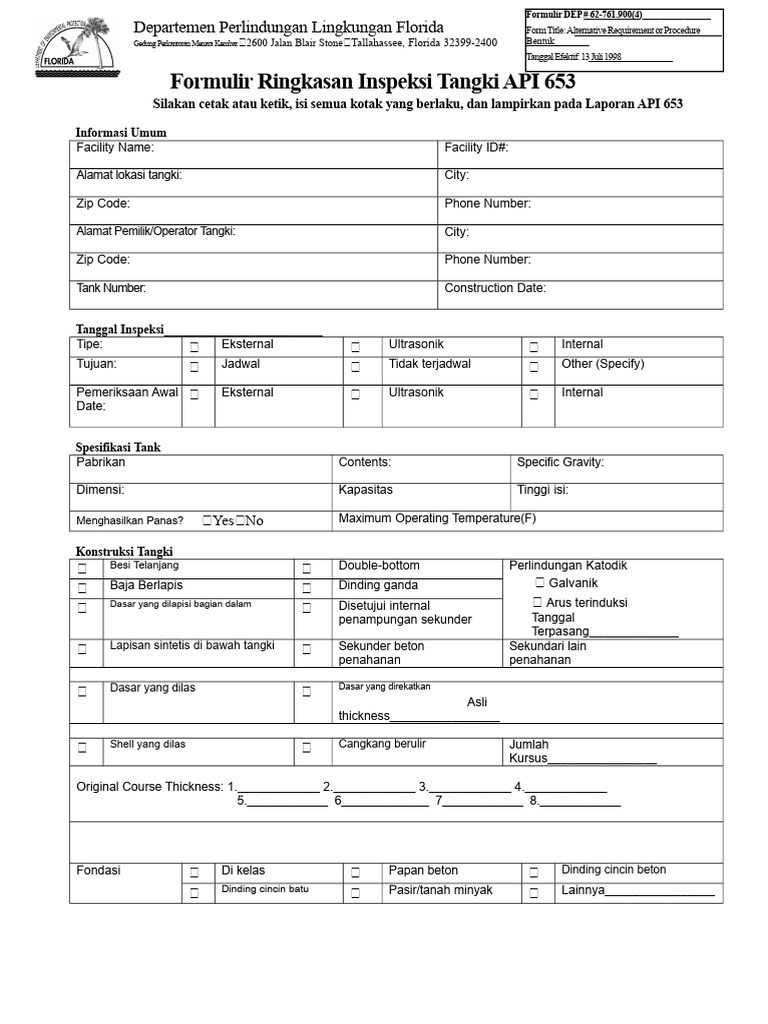 Formulir Inspeksi Tangki API 653 Florida | PDF