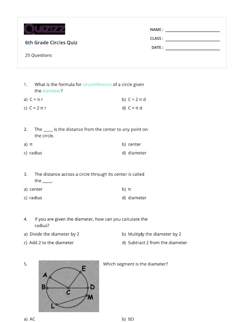 Kuis Lingkaran Kelas 6 - Cetak - Quizizz | PDF
