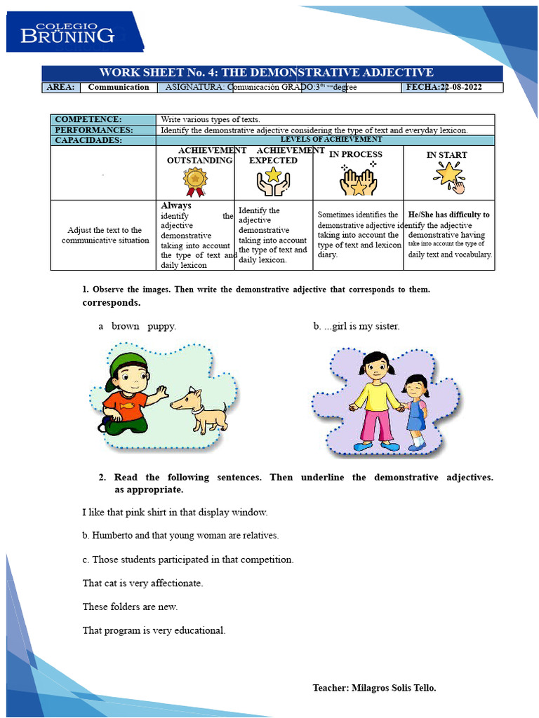 Communication - Work Sheet - Demonstrative Adjectives | PDF ...