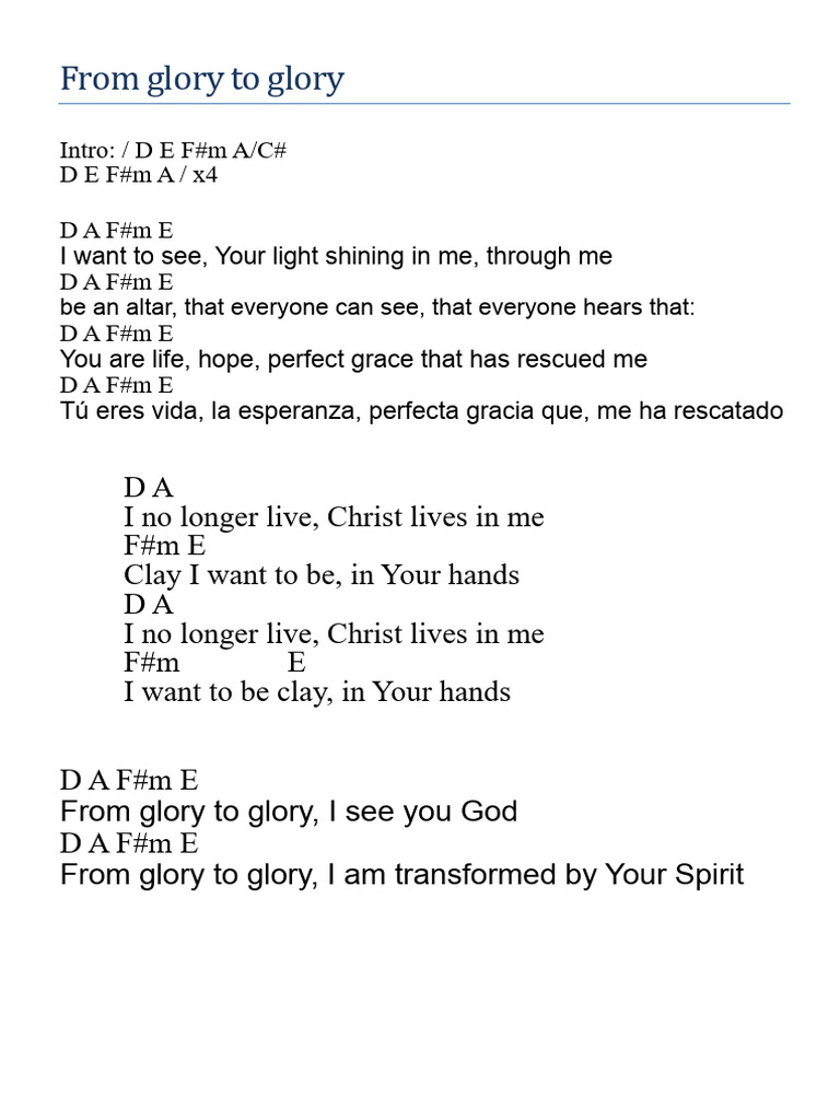 From Glory to Glory: Worship Lyrics | PDF