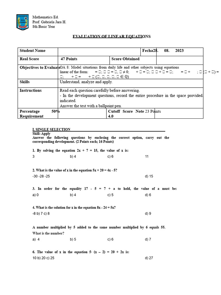 Evaluation of Linear Equations Test | PDF | Equations | Multiple Choice