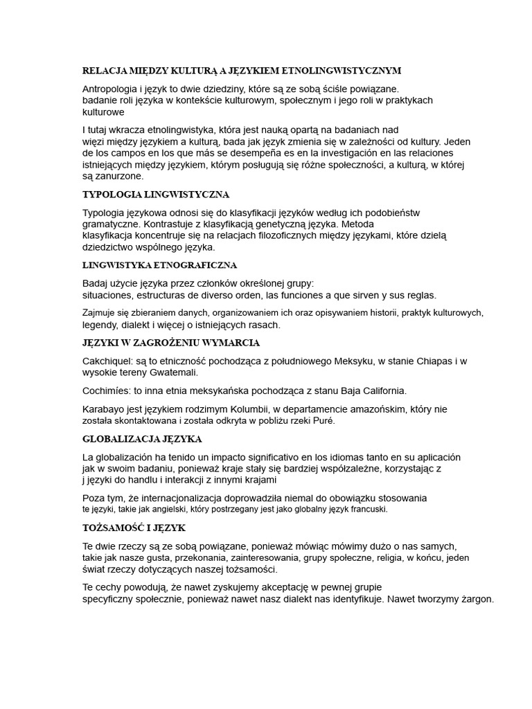 Związek Między Kulturą A Językiem Etnolingwistycznym | PDF