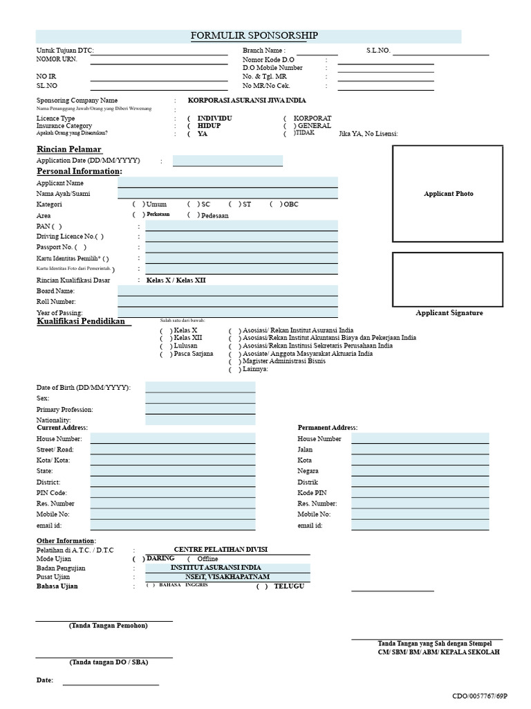 Formulir Sponsorship Baru Untuk Ujian IRDA | PDF