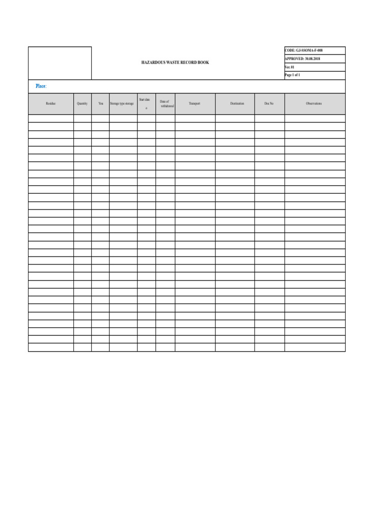 Hazardous Waste Record Book Template | PDF