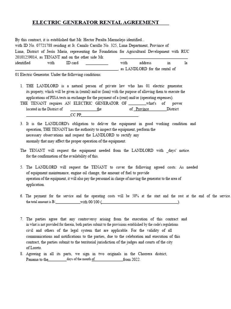 Electric Generator Rental Agreement | PDF | Landlord | Lease