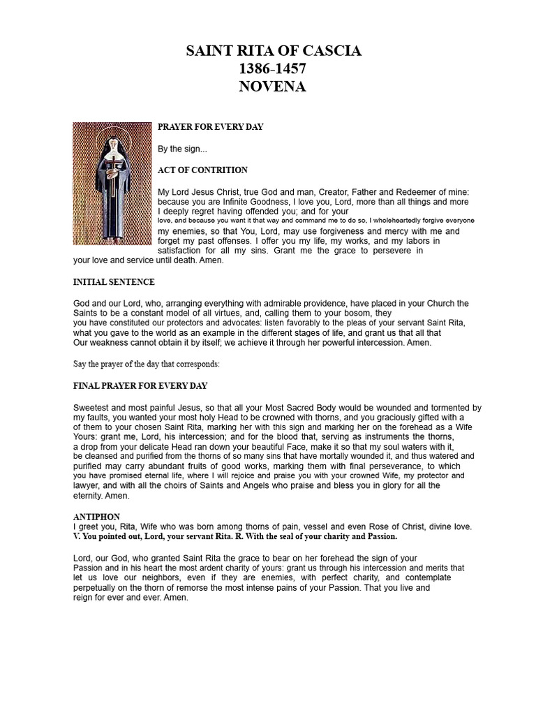 Novena Prayers to Saint Rita of Cascia | PDF | Prayer | Divine Grace