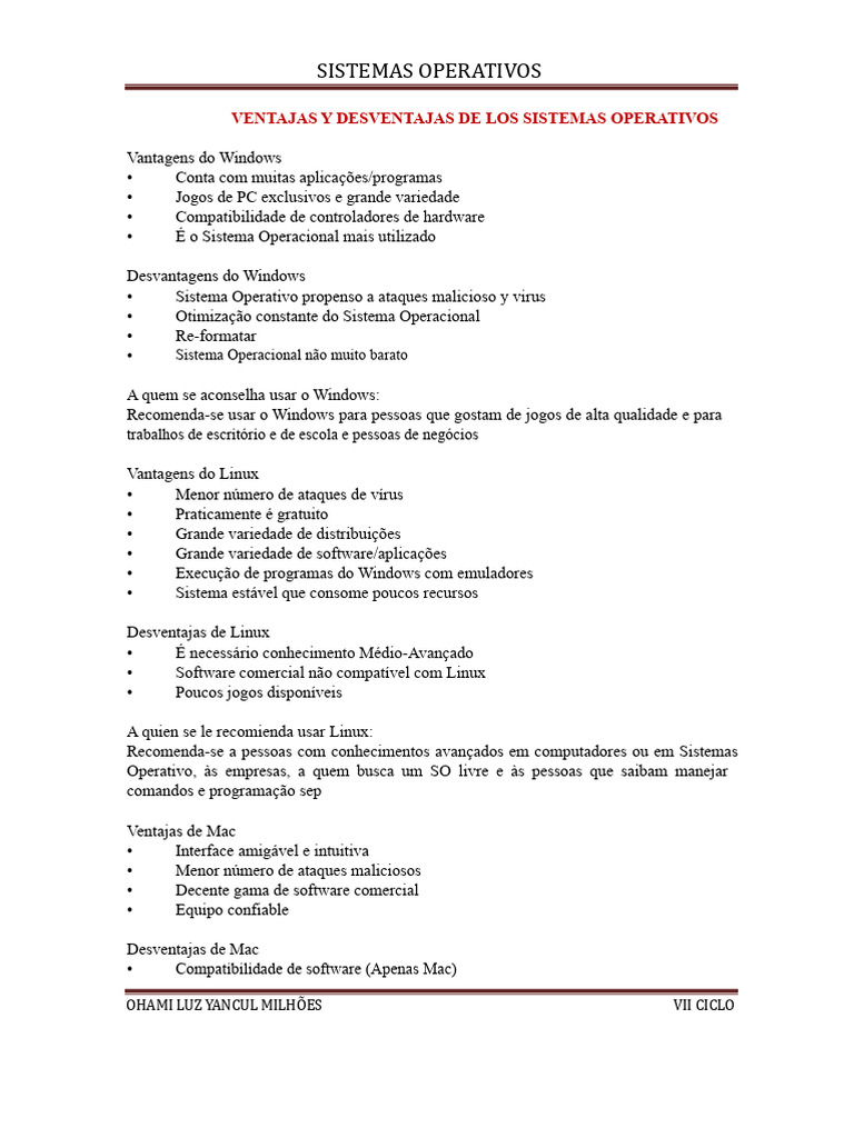 Vantagens e Desvantagens Dos Sistemas Operacionais | PDF | Sistema operacional | Linux