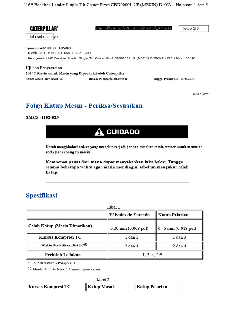 Penyesuaian Celah Katup 416E Backhoe Loader | PDF