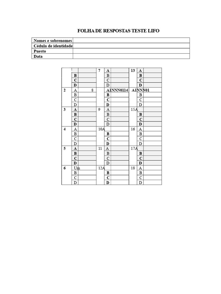 Folha de Respostas Teste LIFO | PDF
