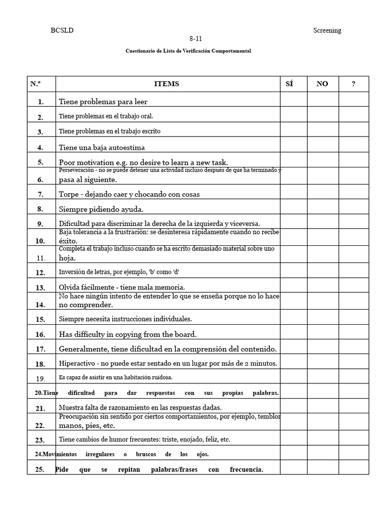 Lista de Verificación de Comportamiento para La Detección de ...