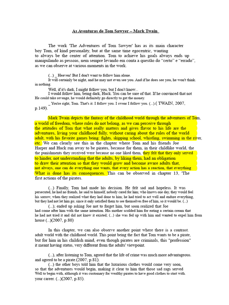 The Adventures of Tom Sawyer - Mark Twain Critical Summary | PDF ...
