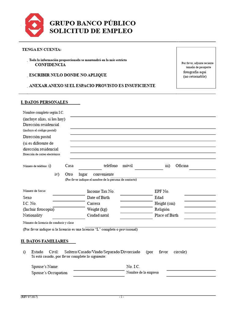 Formulario de Solicitud de Empleo PBB 072017 | PDF | Bancos | Business