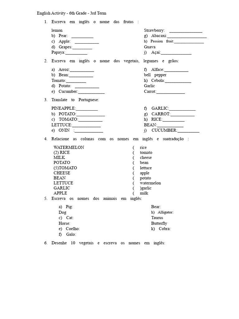 English Activity - 6th GRADE - 3rd TERM - Vegetables | PDF