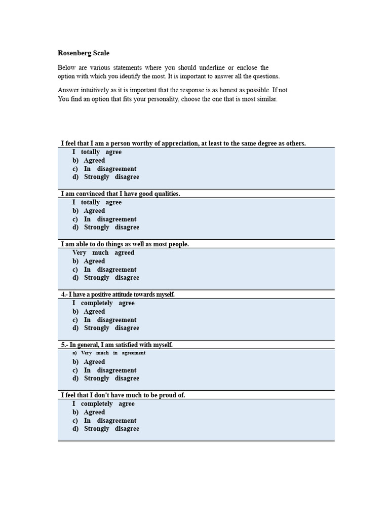 Rosenberg Self-Esteem Scale Questionnaire | PDF