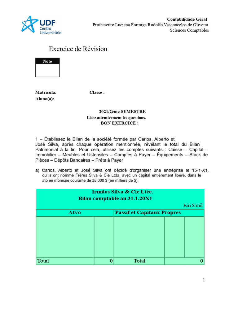 Exercice de Révision en Comptabilité Générale | PDF | Bilan comptable ...