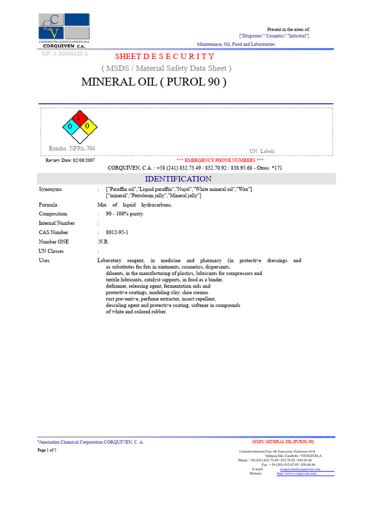 MSDS Mineral Oil Purol90 | PDF