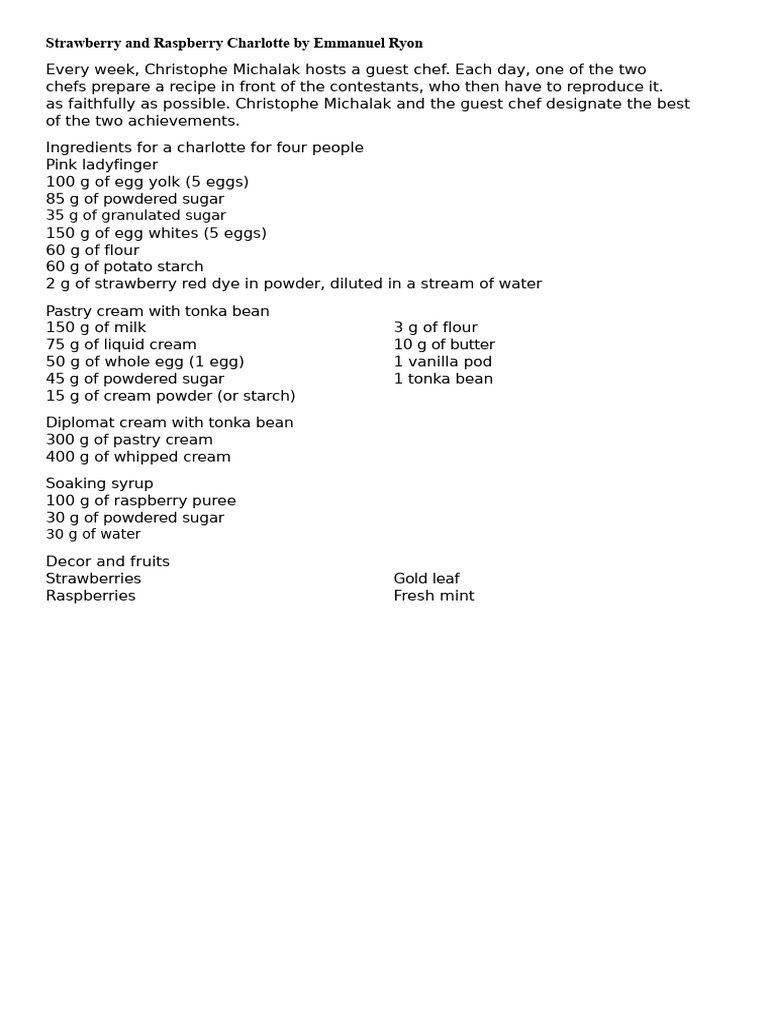 Charlotte With Strawberries and Raspberries by Emmanuel Ryon | PDF | Custard | Foods