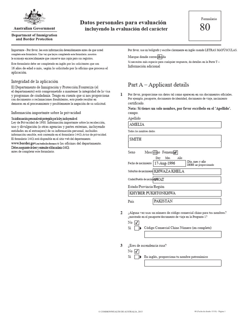 Formulario 80 CMS Lleno Ejemplo | PDF | Visa de viaje | Pasaporte