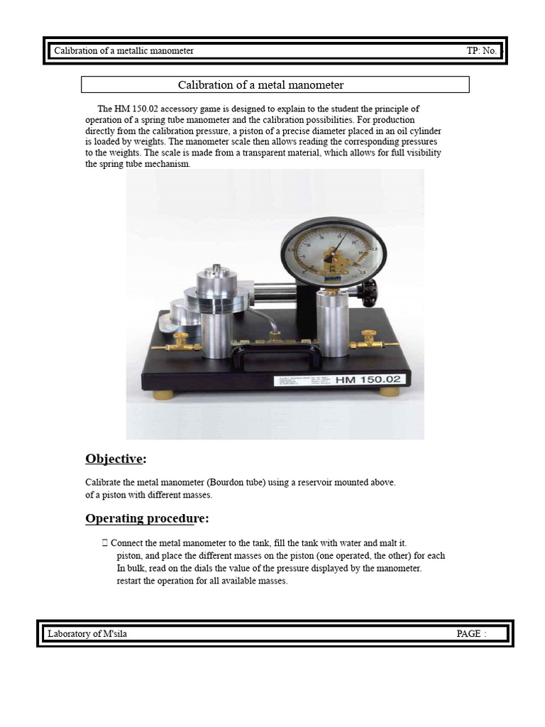 Calibration of a metallic manometer | PDF | Pressure Measurement ...