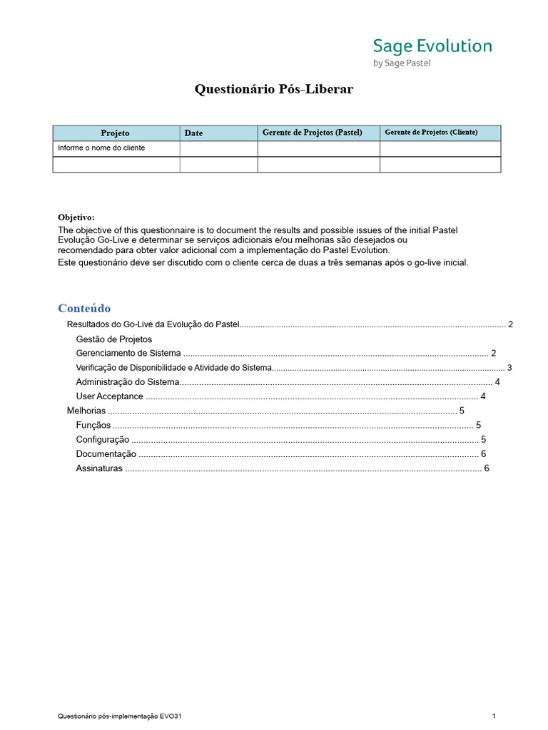 Questionário Pós-Go-Live do Pastel Evolution | PDF | Cópia de segurança ...