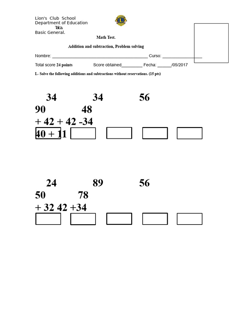 Mathematics Test Addition and Subtraction Without Borrowing Problem ...