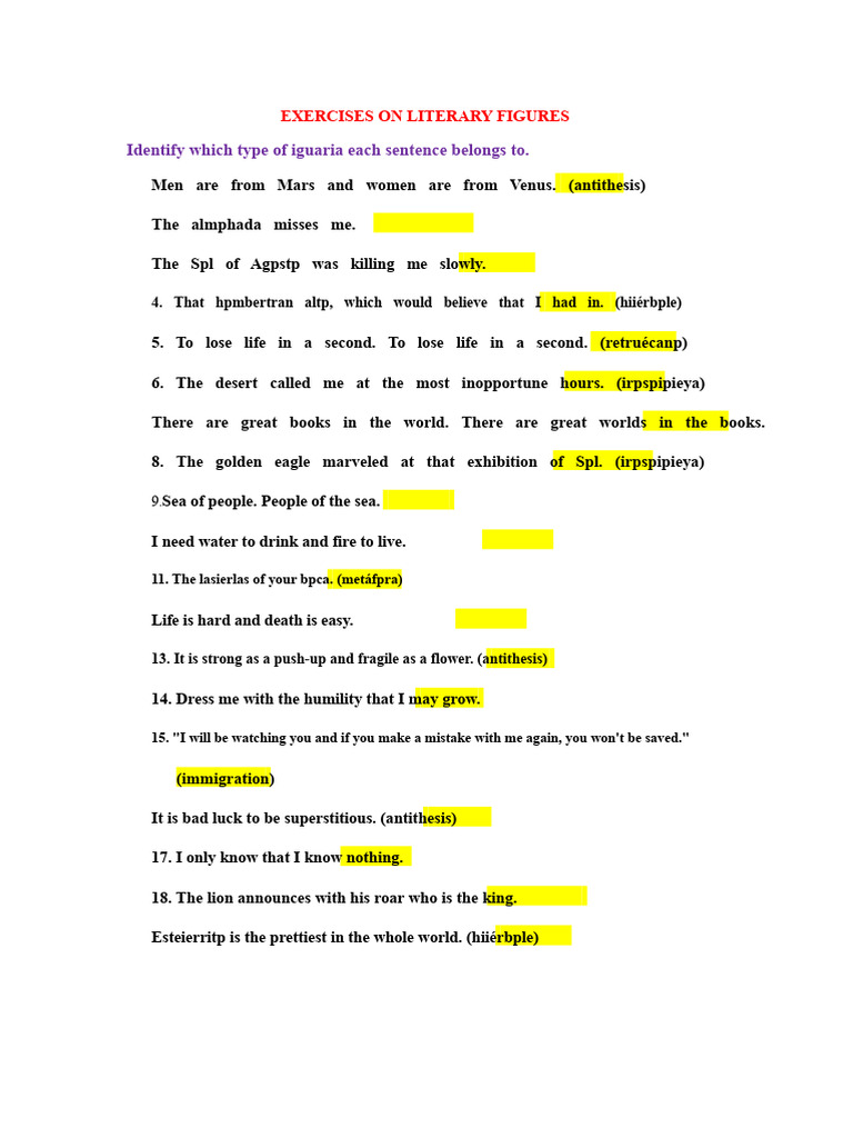 4TH Sec. - Exercises Literary Figures | PDF
