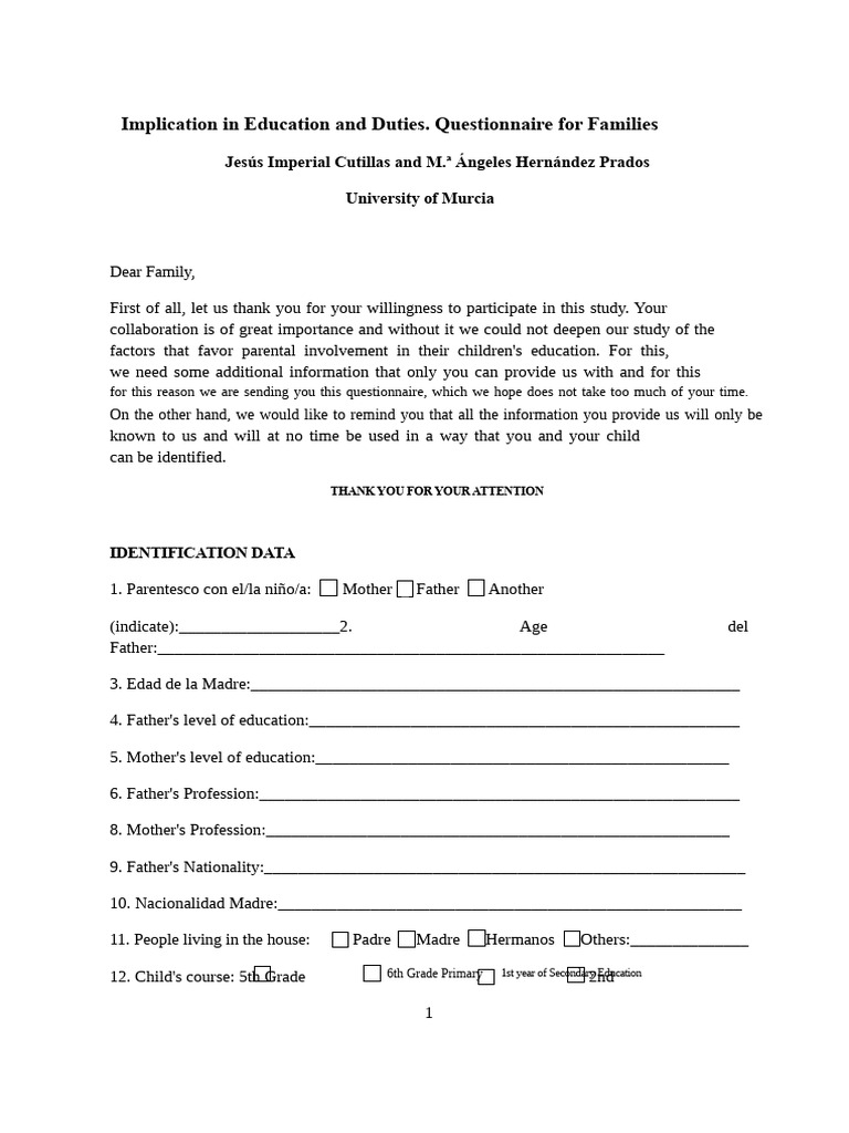 Family Questionnaire on Educational Involvement | PDF | Social Psychology