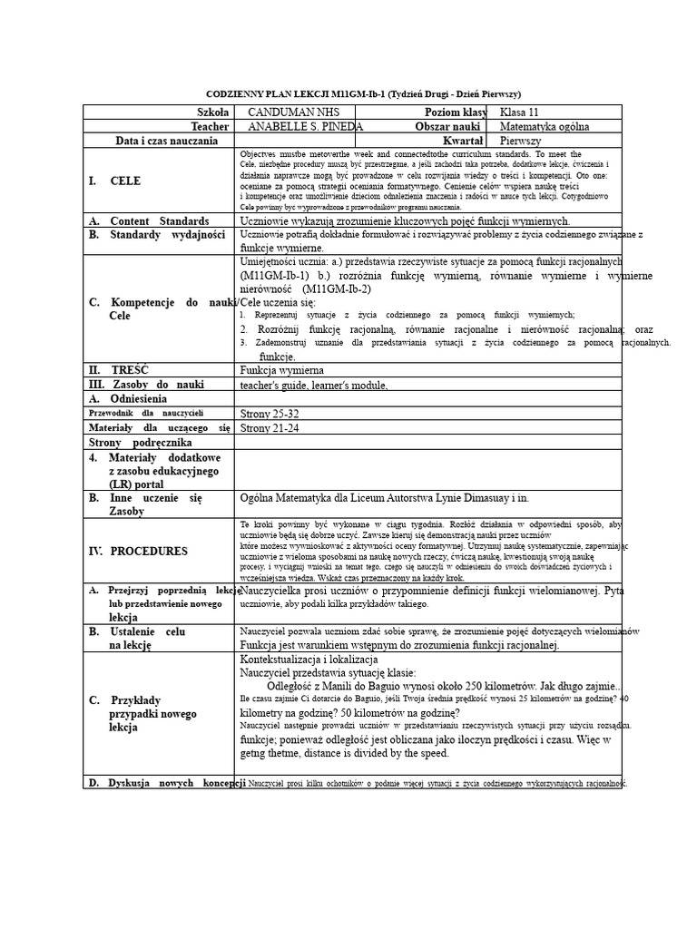 CODZIENNY PLAN LEKCJI M11GM-Ib-1 (Tydzień Drugi - Dzień Pierwszy) | PDF