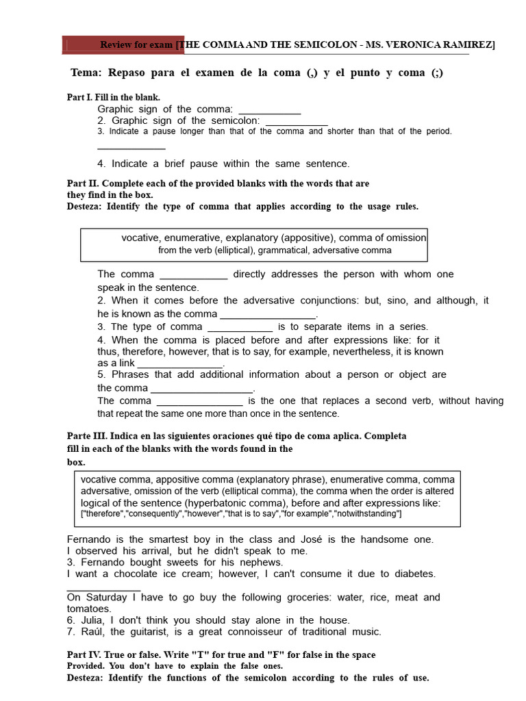 Review For The Exam On The Comma and The Semicolon | PDF | Comma ...