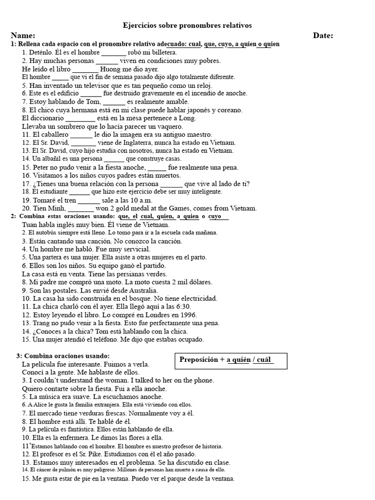 Ejercicios de pronombres relativos en español | PDF | Pronombre