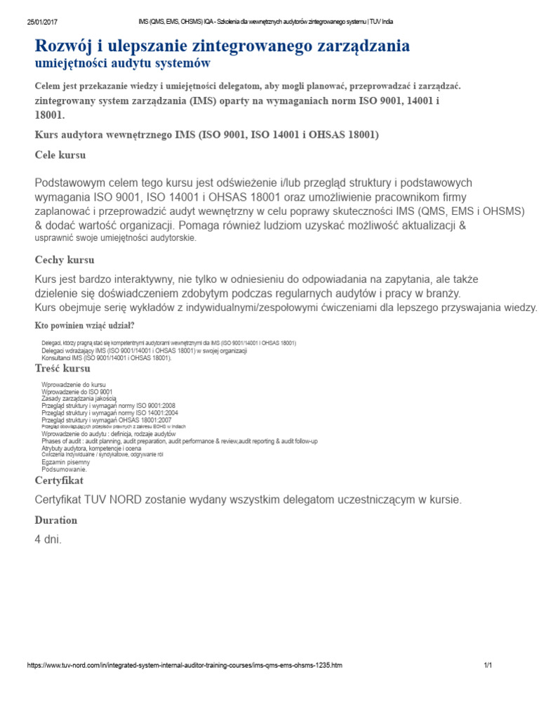 TÜV Nord - IMS (QMS, EMS, OHSMS) IQA - Szkolenia Dla Audytorów Wewnętrznych Zintegrowanego ...