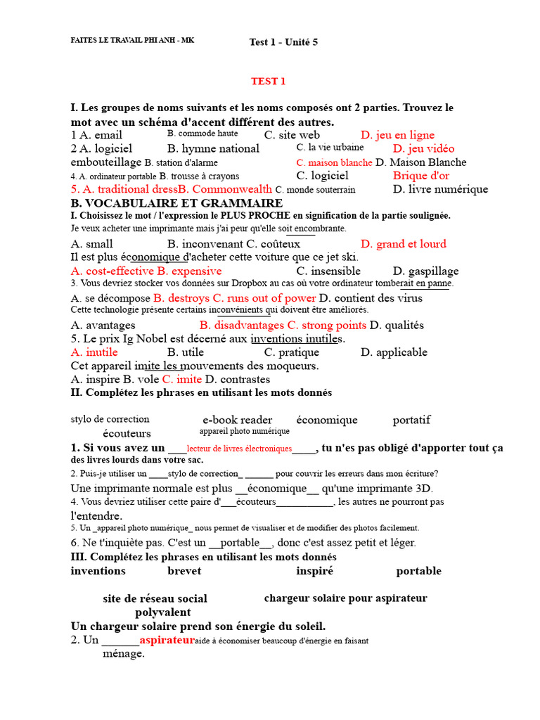 Test de vocabulaire et grammaire Unité 5 | PDF | Préférence manuelle ...
