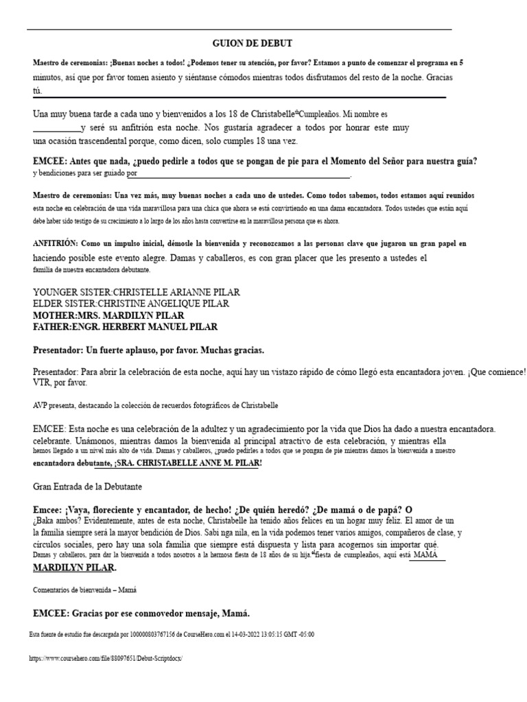 Guion para Fiesta de Debut de Christabelle | PDF