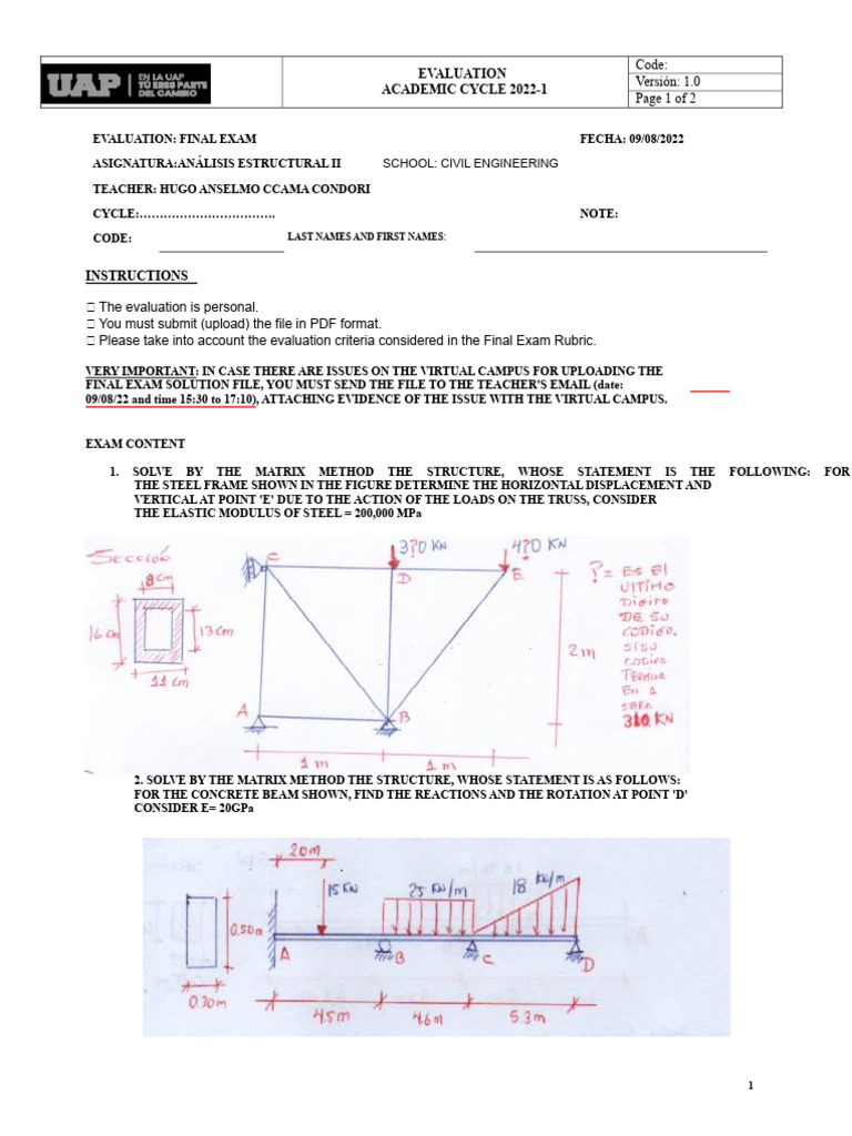 Final Exam Structural Analysis Ii | PDF | Structural Analysis ...