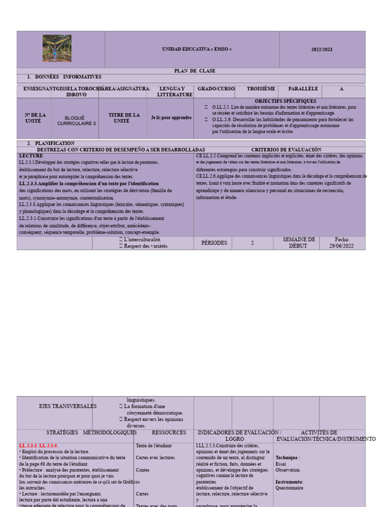 Plan de classe : Lecture en 3ème année | PDF | Cognition | Sciences ...