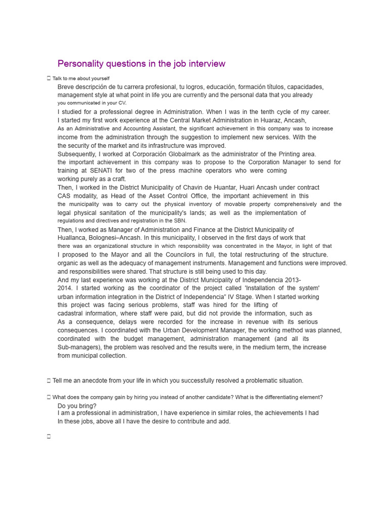 Job Interview Personality Questions Guide | PDF | Job Interview ...