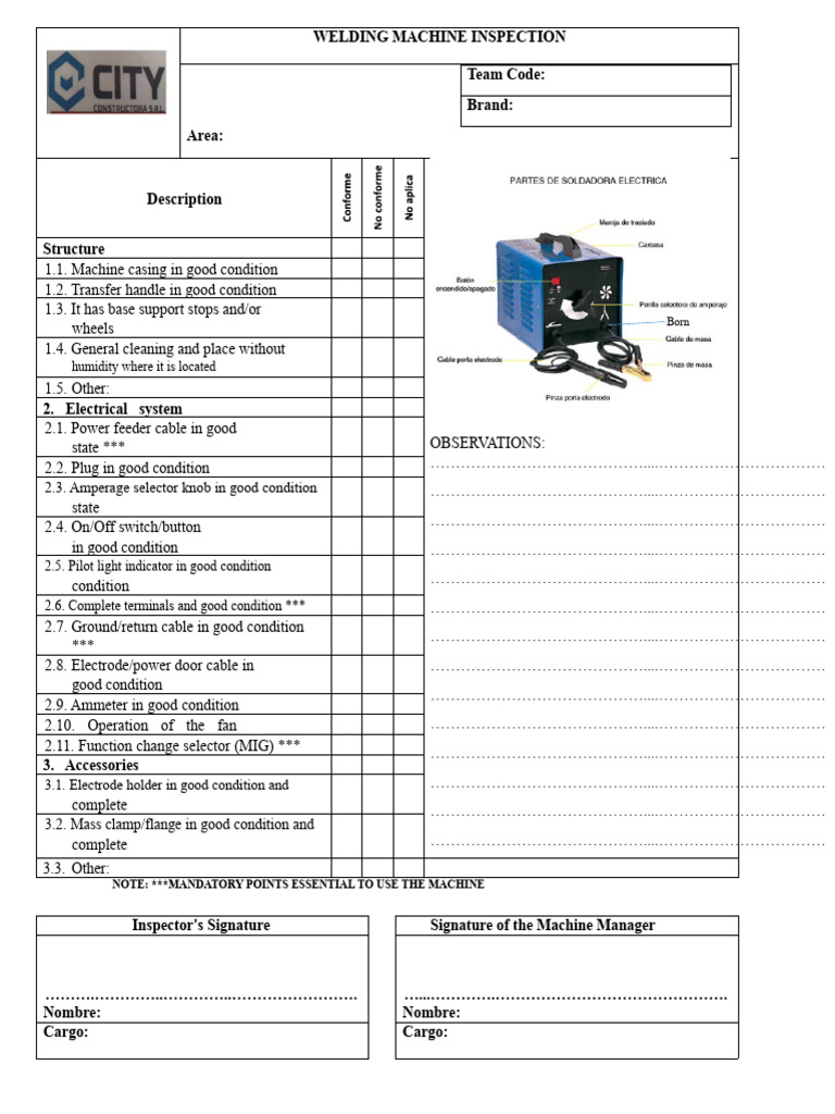 Welding Machine Inspection Checklist | PDF | Welding | Construction
