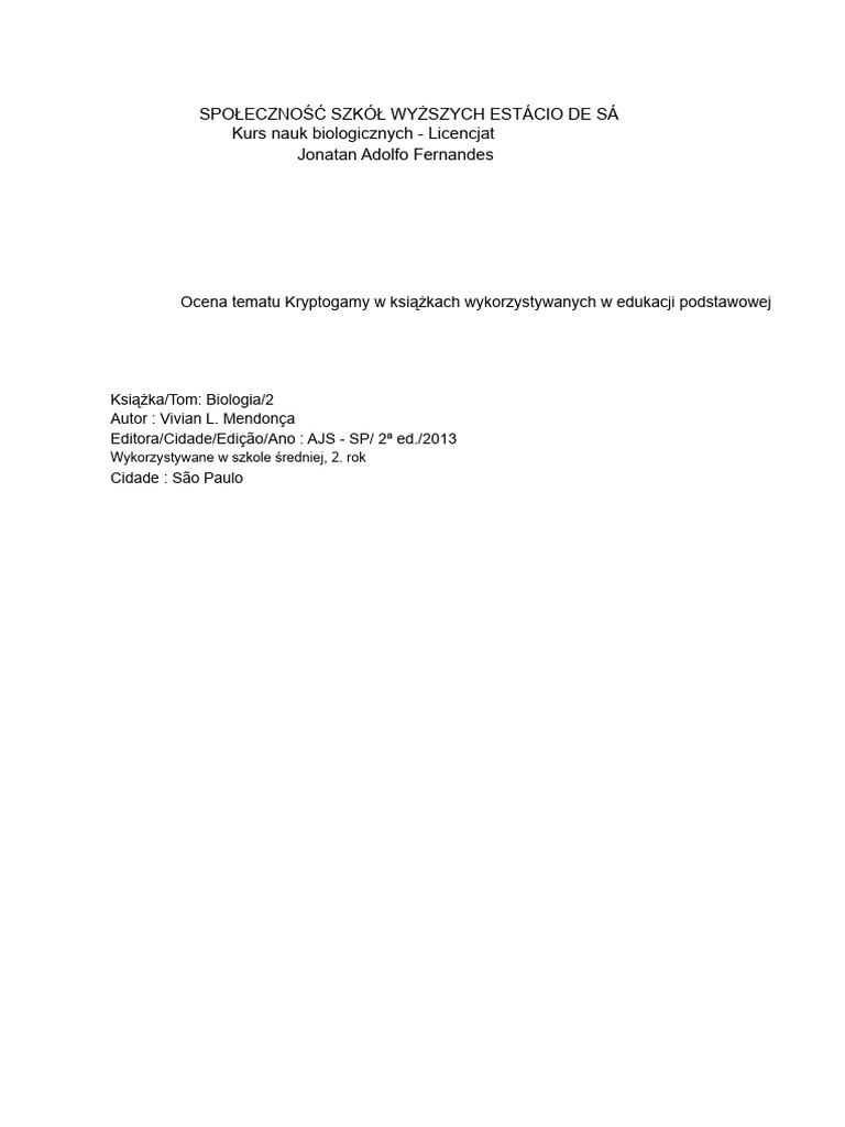 Ocena Tematu Cryptogamy W Książkach Używanych W Edukacji Podstawowej | PDF
