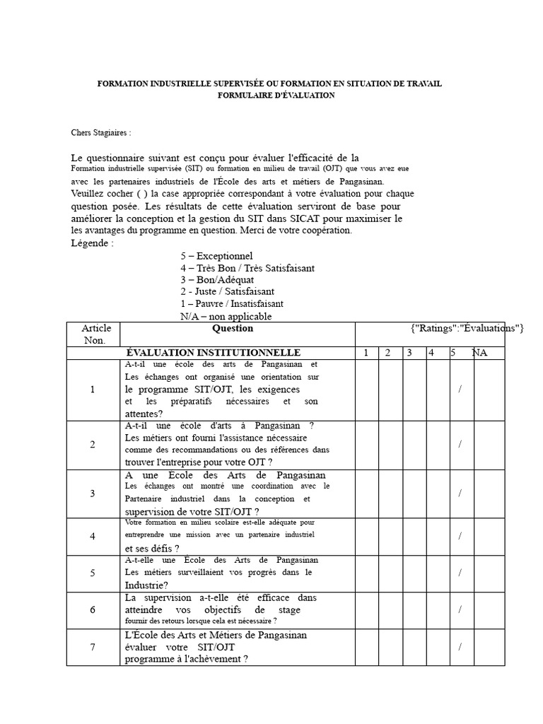 Évaluation de la Formation en Milieu de Travail | PDF