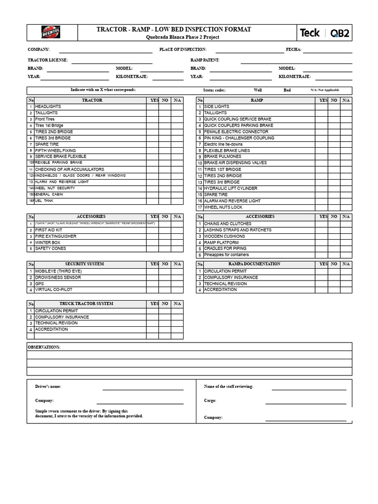Tractor Inspection Checklist, Low Bed, Revision 0 | PDF | Tractor | Tire