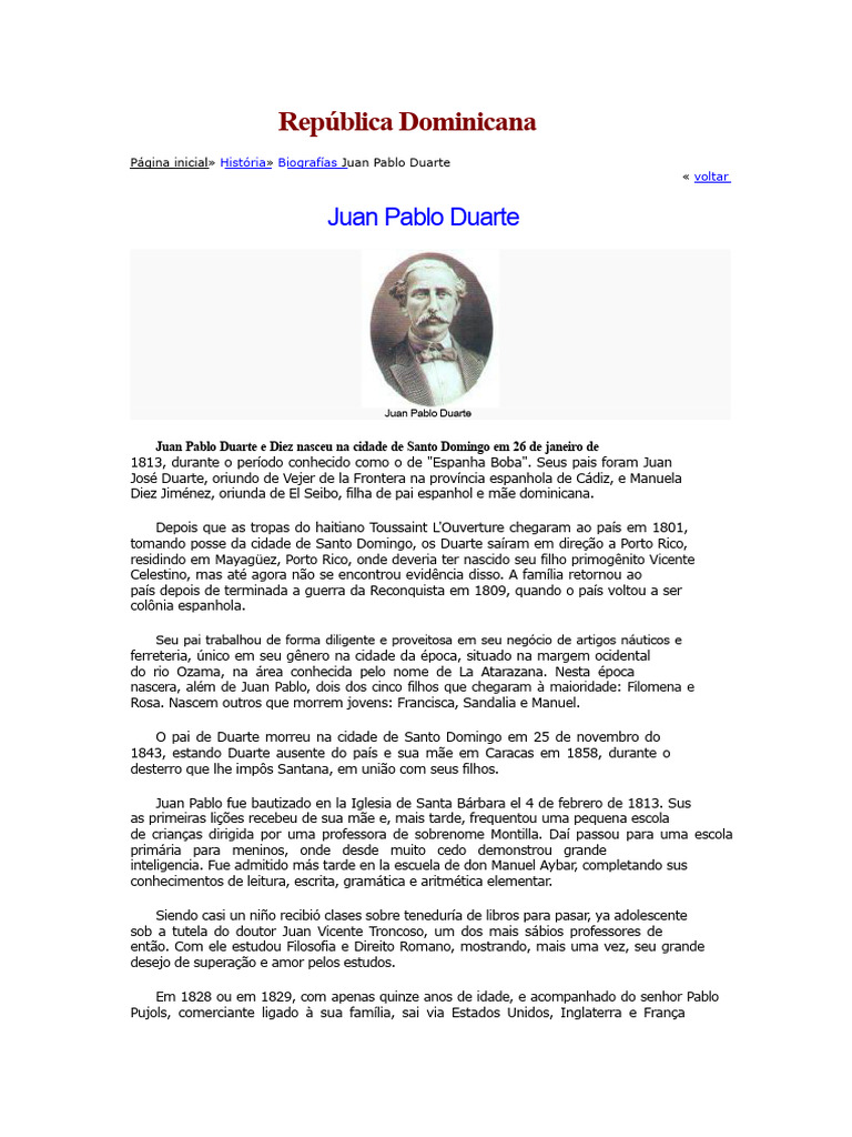 Juan Pablo Duarte Na Biografia | PDF | República Dominicana | Espanha