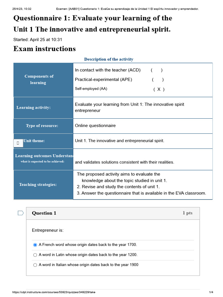 Exam (AAB01) Questionnaire 1 - Evaluate Your Learning From Unit 1 The ...