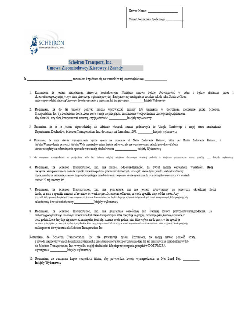 Umowa Dla Kierowcy Niezależnego Wykonawcy PDF | PDF