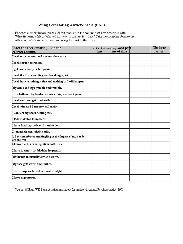 Zung Self-Rating Anxiety Scale Guide | PDF